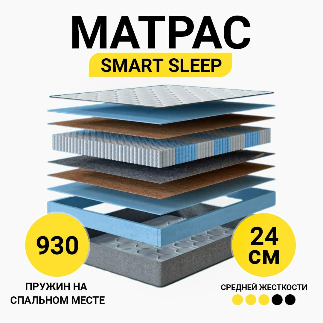 Матрас ортопедический 200х200 SMART, двуспальный с независимыми пружинами, с кокосом, двусторонний, высотой 24см