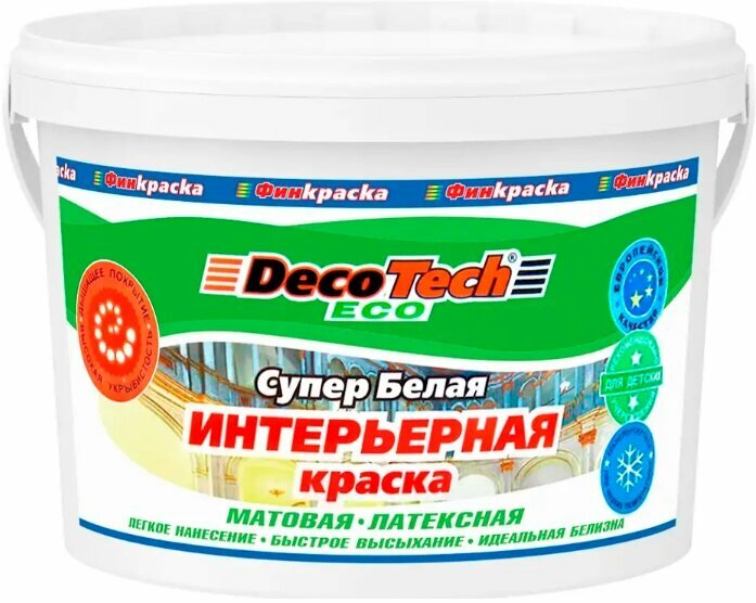Краска Интерьерная Финкраска DecoTech Eco 3кг Супербелая для Помещений с Умеренной Влажностью, Матовая, Латексная / Декотек Эко.