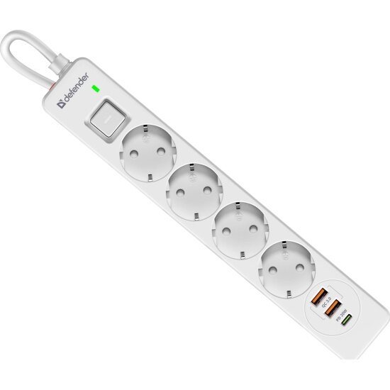 Сетевой фильтр Defender DFS 141 1.5 м, белый, 4розетки, USB+TypeC