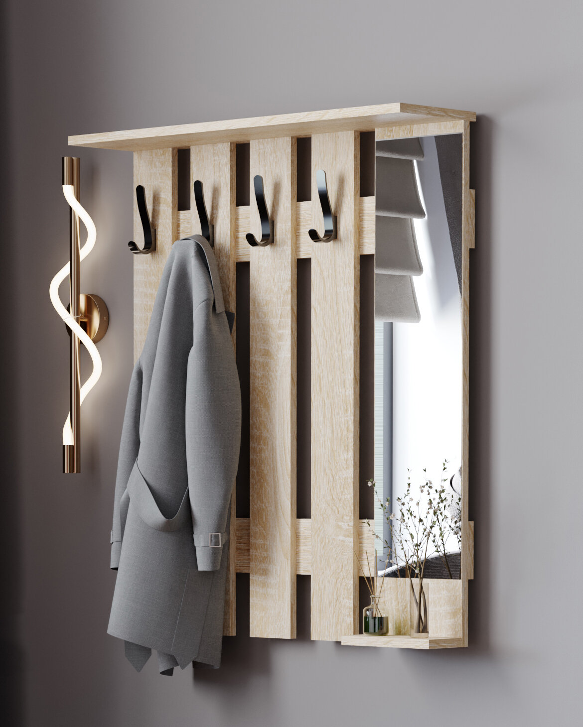 Вешалка ВНК "Орион", настенная, с зеркалом, 80x92x20 см см, цвет дуб сонома