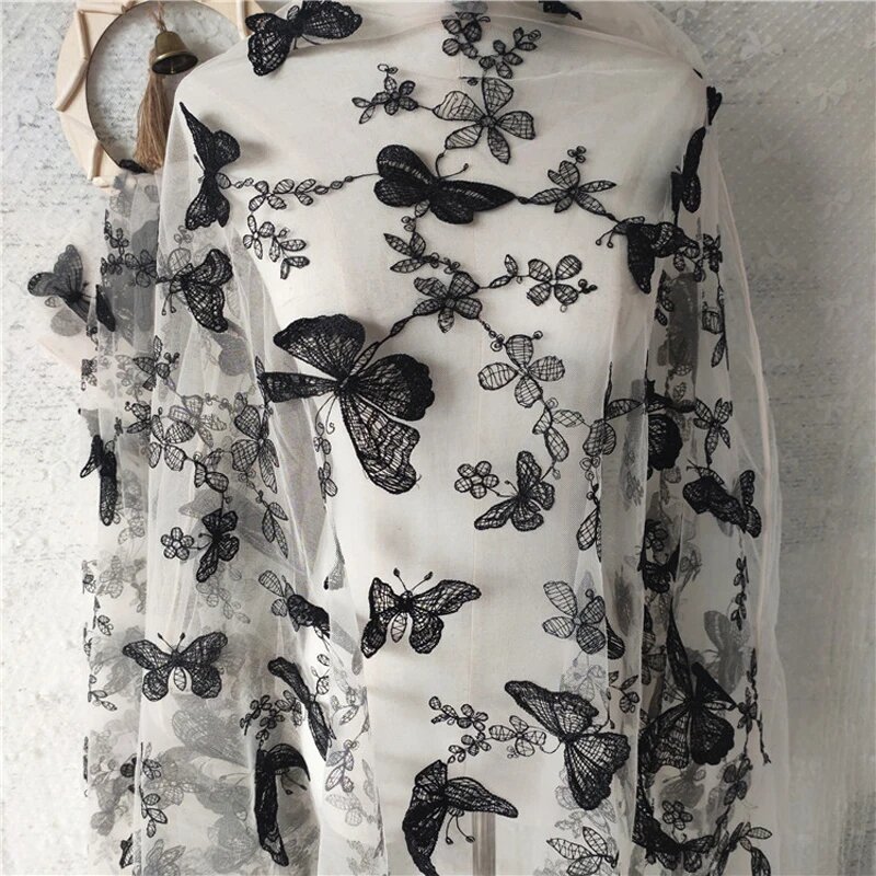 Кружевная ткань ZYLPYY 3D бабочка белый/черный 150см Black