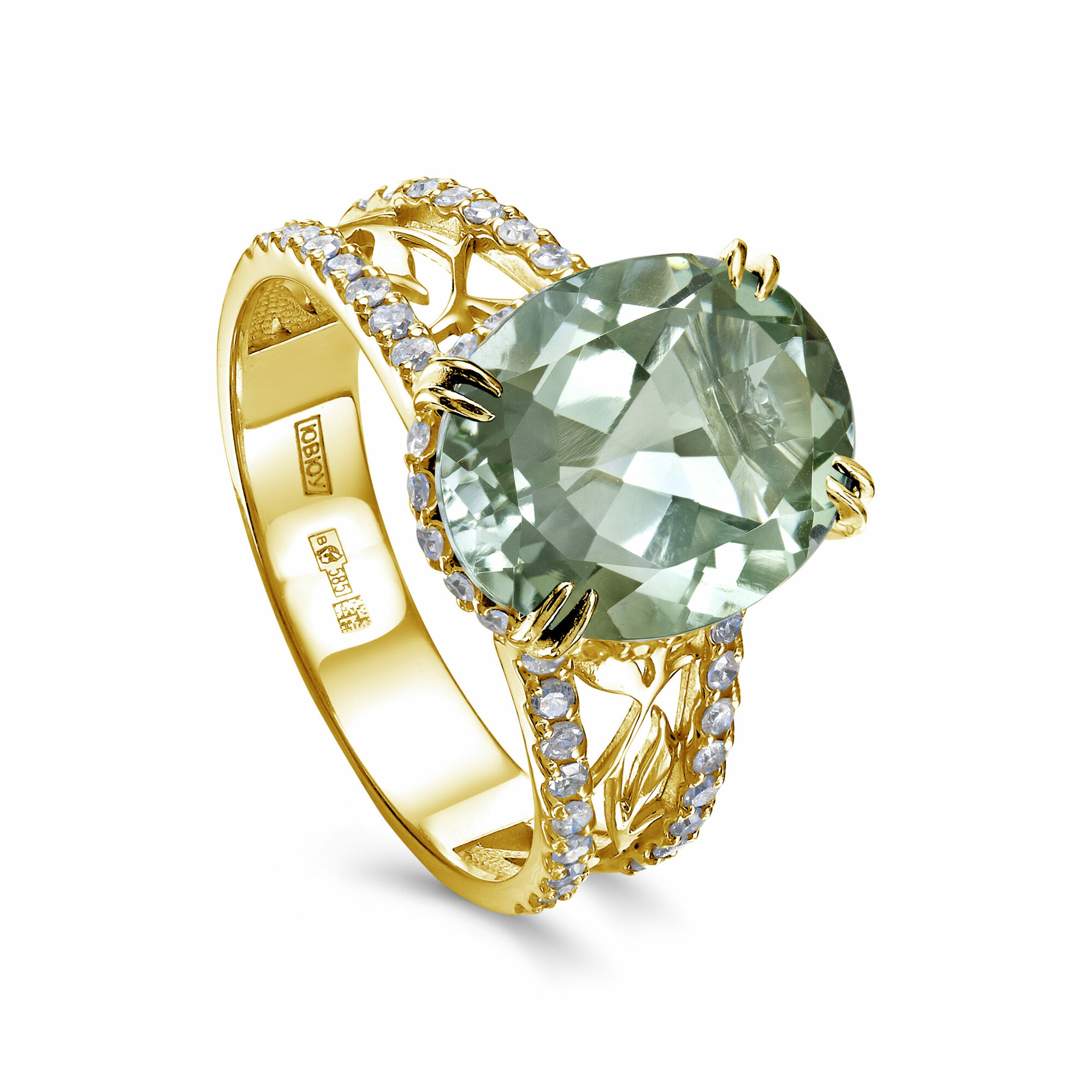 Кольцо, желтое золото, 585 проба, празиолит, бриллиант