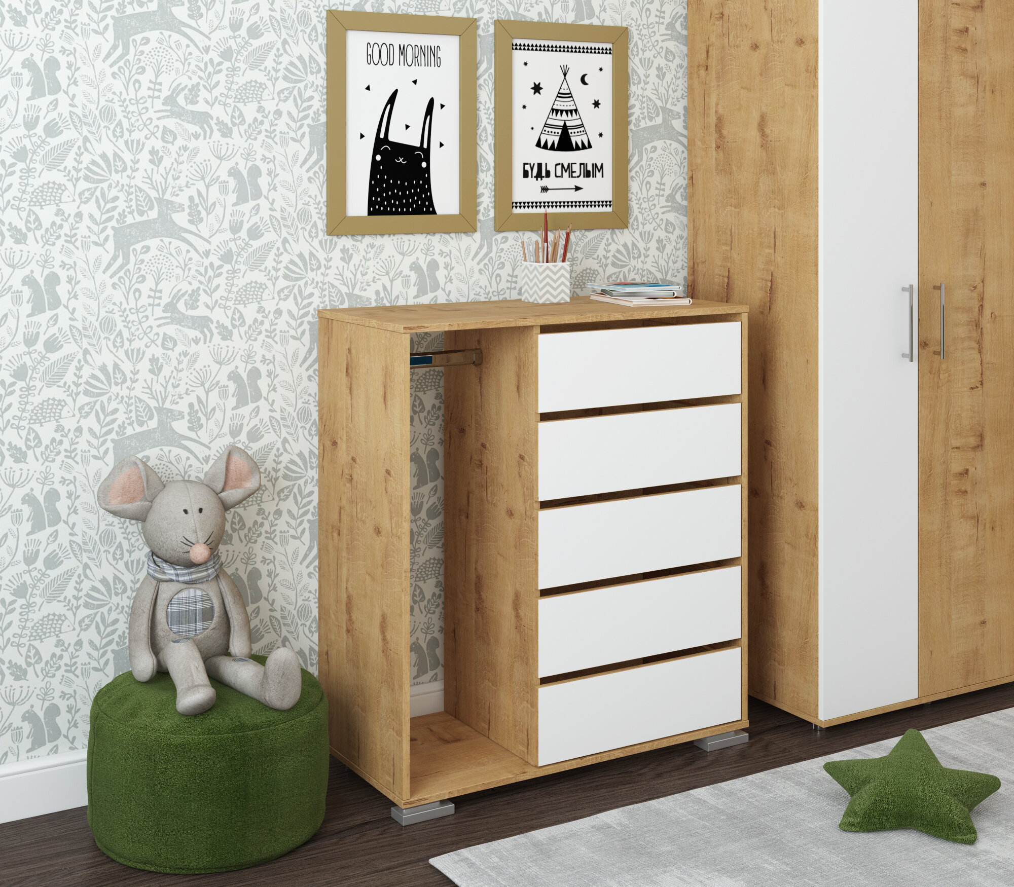 Шкаф, комод, шкаф-комод с ящиками, со штангой Есэндвич Лаворо, 90x43х102 см, правый (Дуб бунратти/Белый)