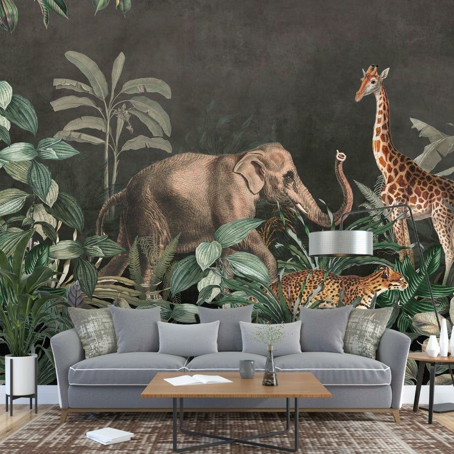 Фотообои Слон и жираф на темном фоне 12-1776-S-Флок 270 x 200 см (ВхШ) Бесшовные, флизелиновые, влагостойкие обои