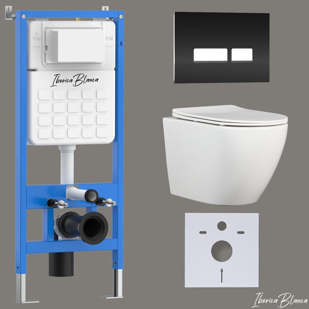 Комплект унитаз с инсталляцией Iberica Blanca Bilbao Alto IB001. BLA.234.2211 с сиденьем микролифт и клавишей смыва черной глянцевой