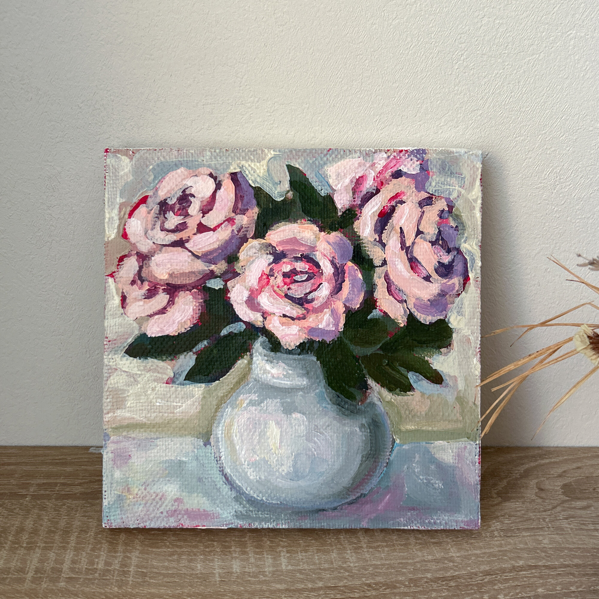 Картина с цветами розы в вазе на холсте авторская живопись букет, ручная работа, 20х20 см без рамки