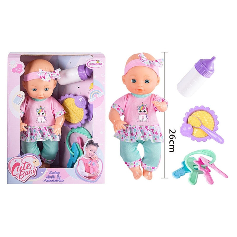 Lunabebe Пупс 25 см в комбинезоне с аксессуарами (4 предмета) HX629-3 с 3 лет