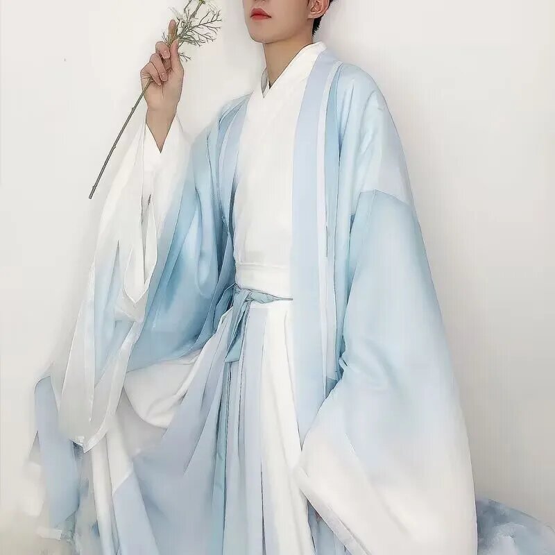 Мужской синий белый Ханьфу 3 предмета XL