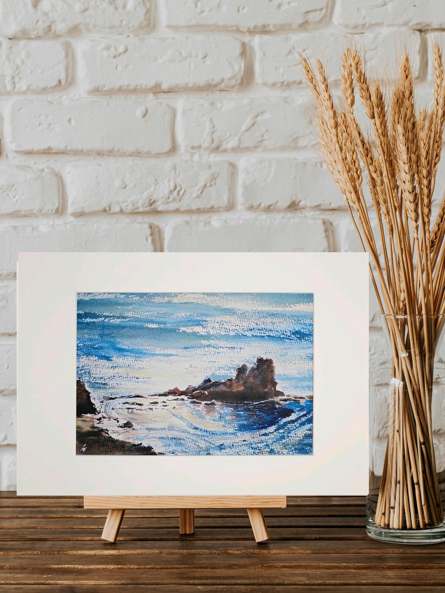 Картина авторская акварельная в паспарту 21х30 см на стену для интерьера "Прибрежные скалы"