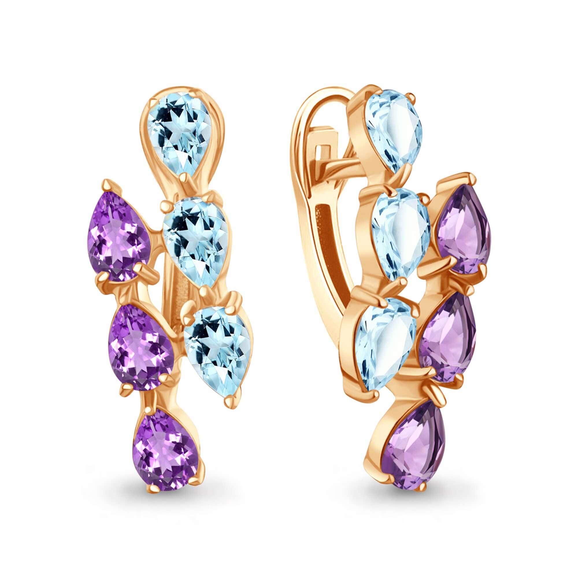 Серьги, серебро, 925 проба, золочение, аметист, топаз