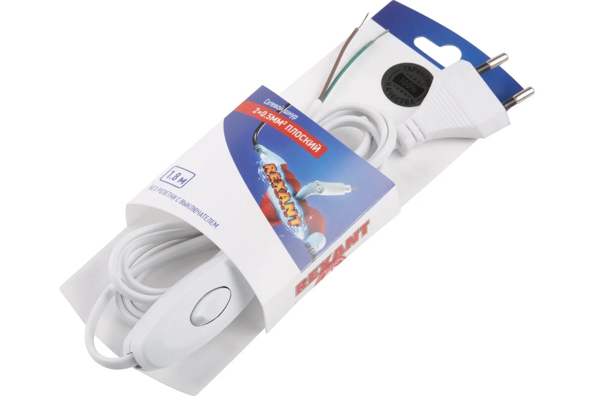 REXANT Шнур сетевой 1.8 м с выключателем и вилкой белый для бытовых приборов 06-3251