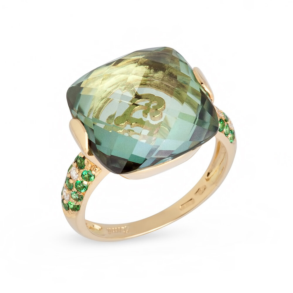 Кольцо, желтое золото, 750 проба, кварц, бриллиант, топаз