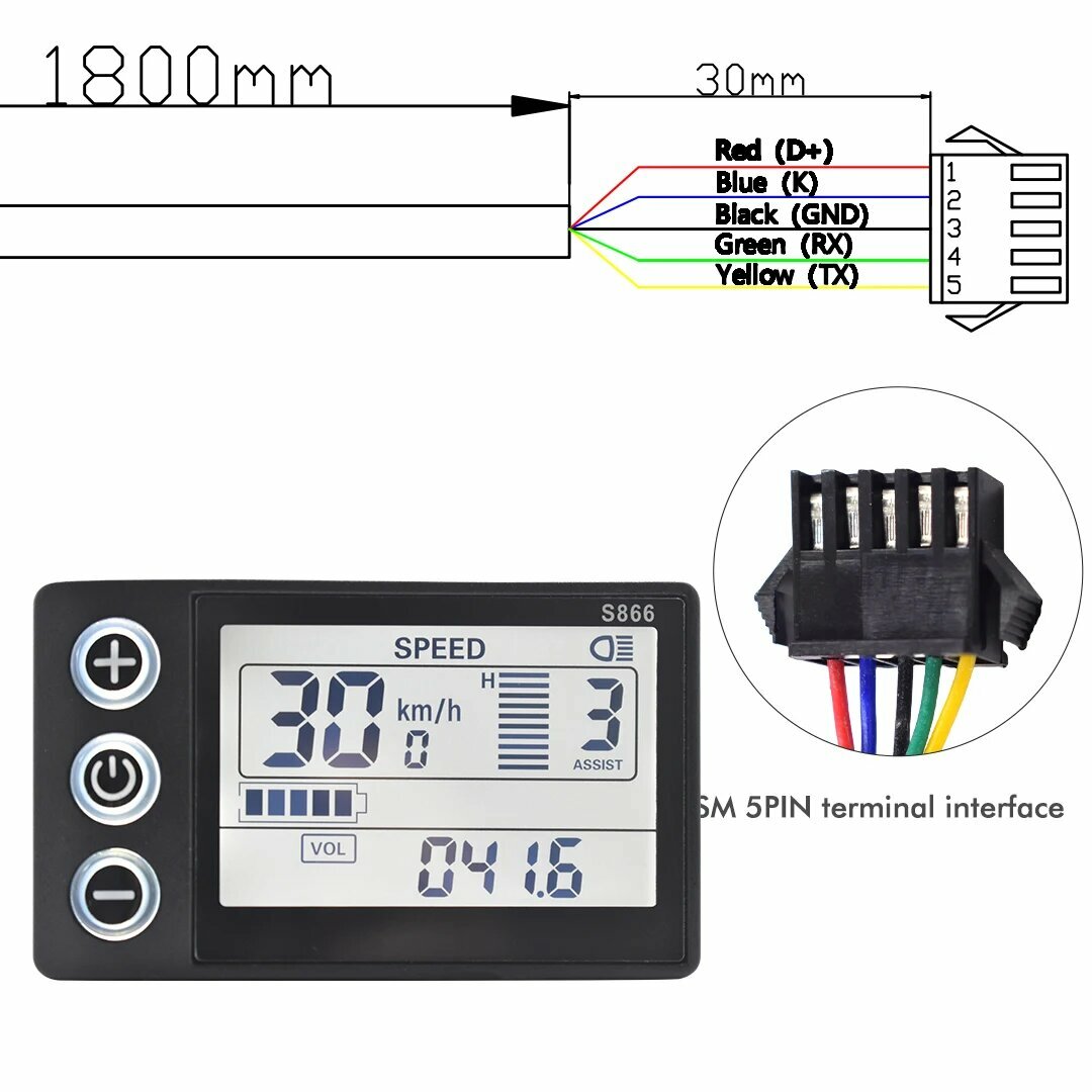 UART2 24 В 36 В 48 В S866 ЖК-дисплей для электрического велосипеда, ЖК-панель для скутера E sm 5pin