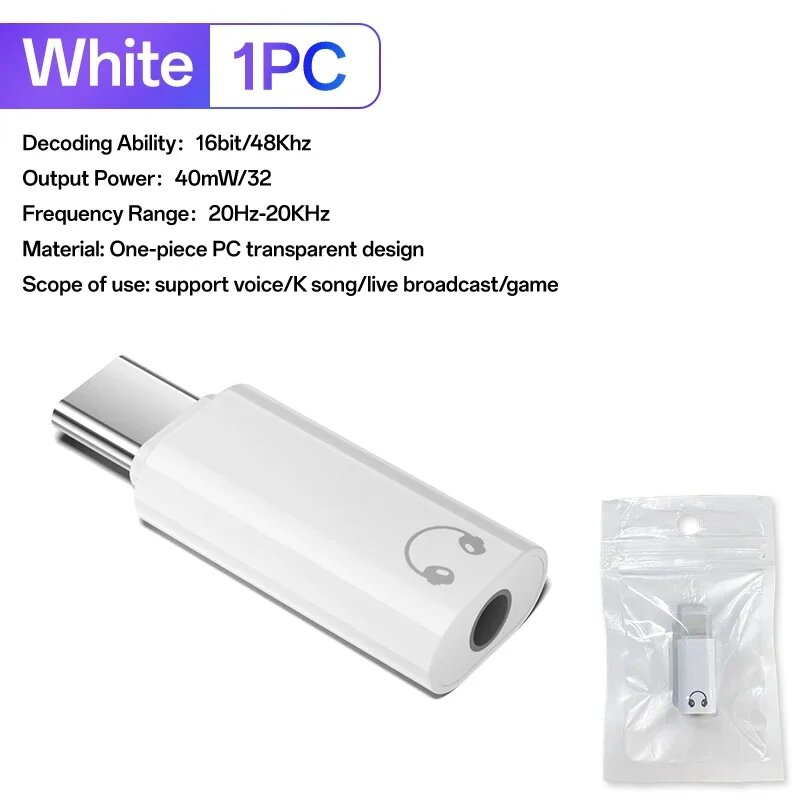 Адаптер типа C на разъем 3,5 мм для наушников с подсветкой для iPhone 16 15 Pro Max USB C White 1PC