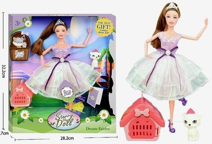 Кукла КНР Шарнирная, с домашним животным-кошкой и домиком, 31 см, с диадемой, сиреневое платье, в коробке