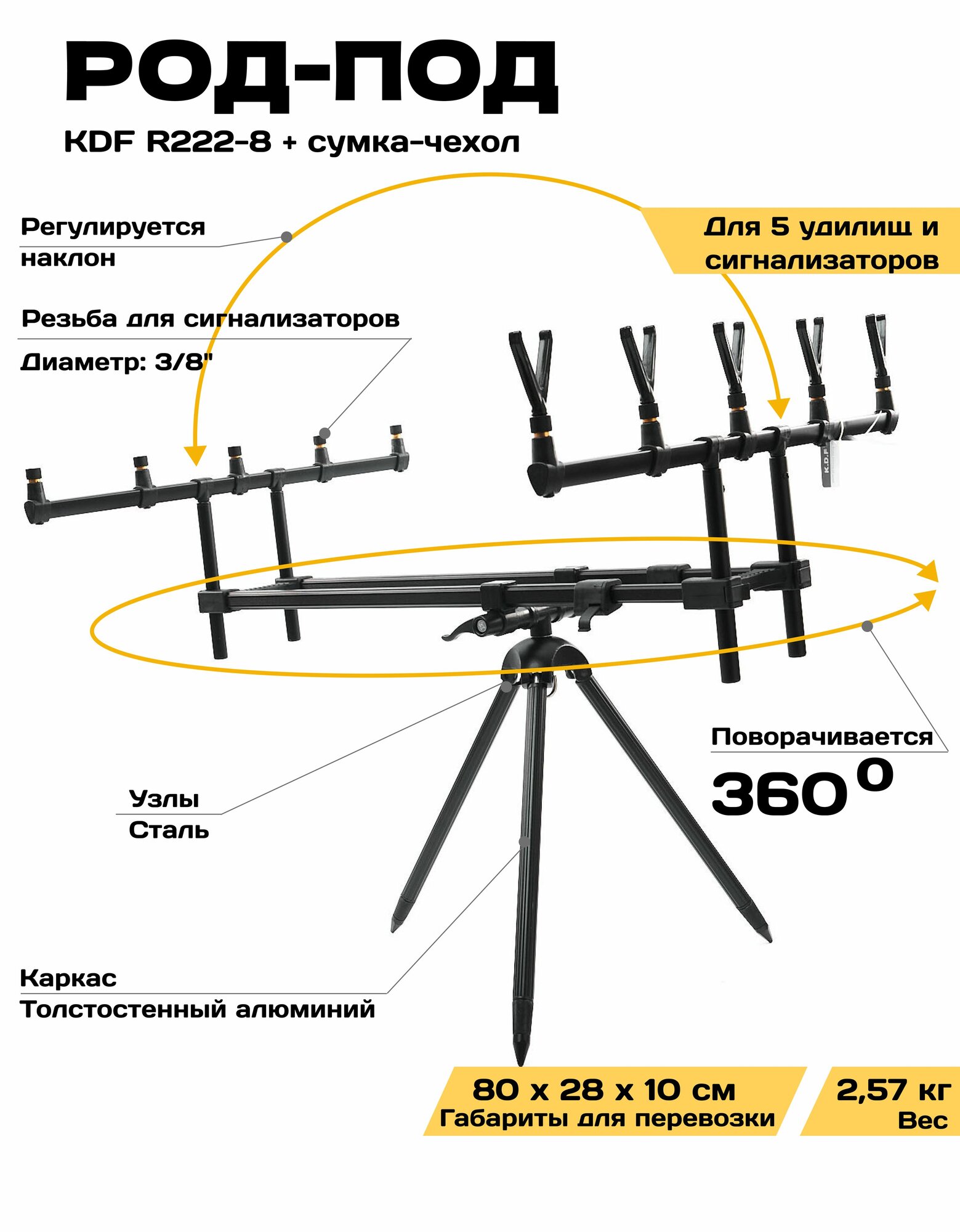 Род- Под на 5 удилищ черный алюминий, поворотный механизм, KDF