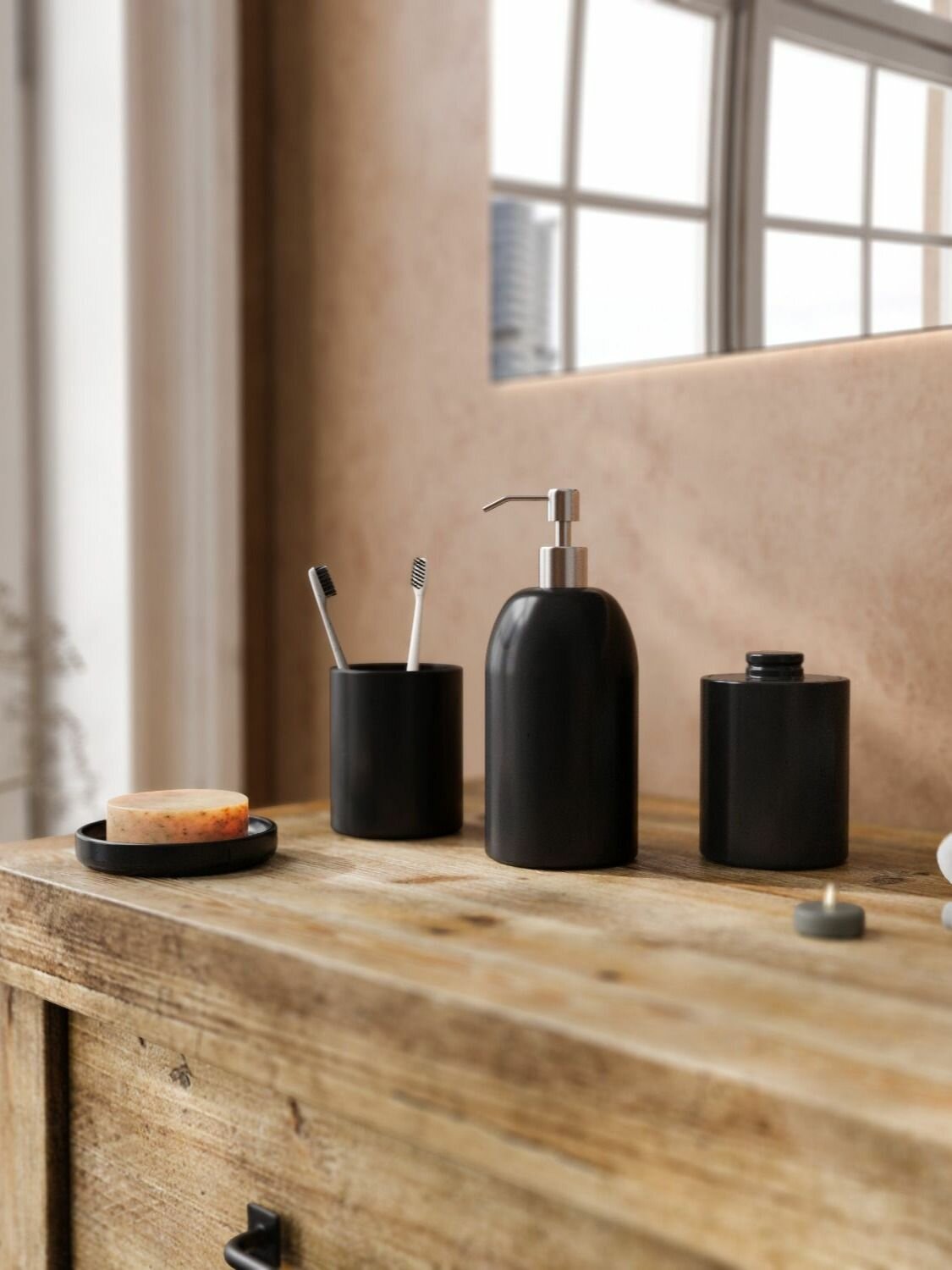 Набор аксессуаров для ванной комнаты "Bordeaux", черный глянцевый: дозатор 500 мл, стакан, контейнер с крышкой, мыльница