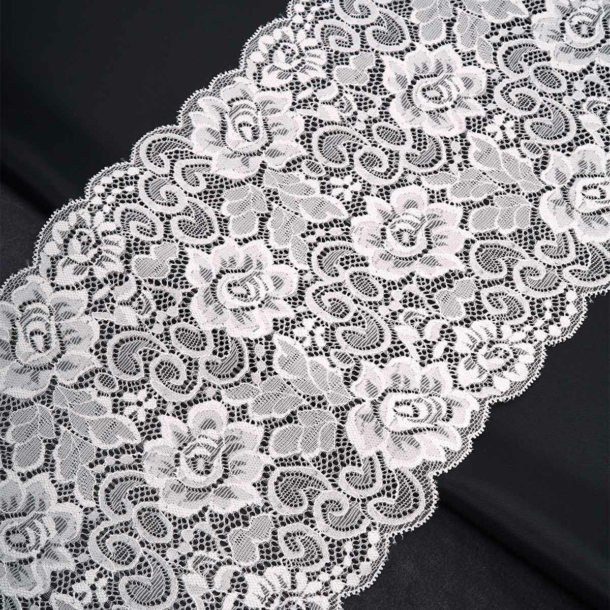 Кружево эластичное широкое, 17,5 см × 13,72 м, белое, для пошива одежды и нижнего белья, Айрис