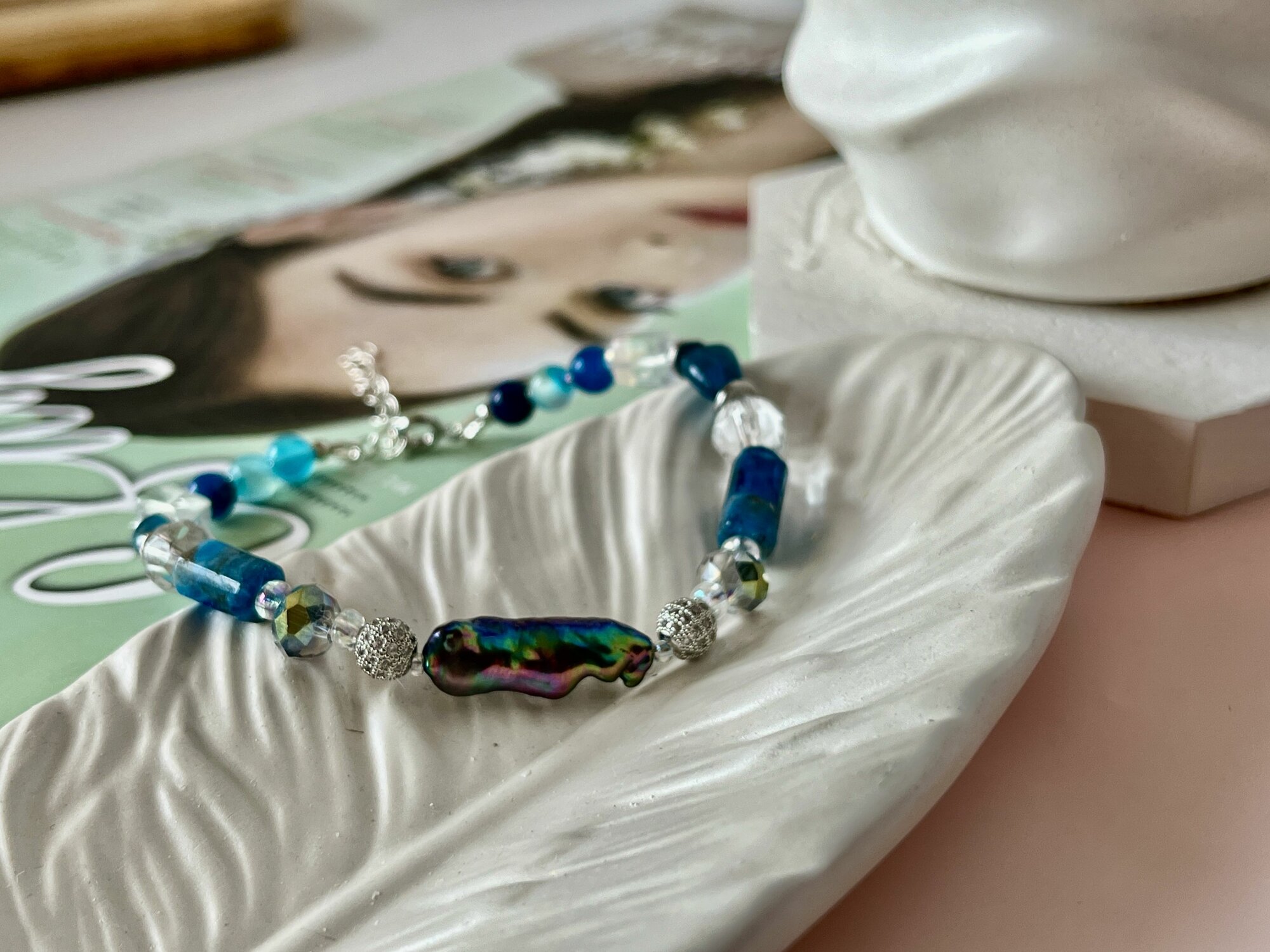 Браслет, стекло, агат, стразы