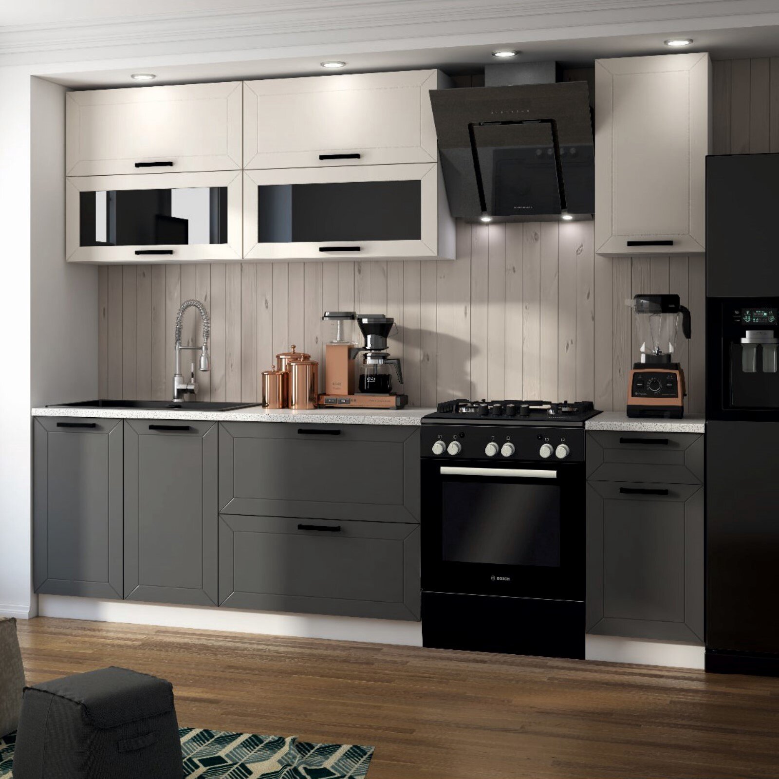 Кухонный гарнитур МиФ "Монако", ЛДСП, МДФ, цвет белый, серый, черный, 200 см