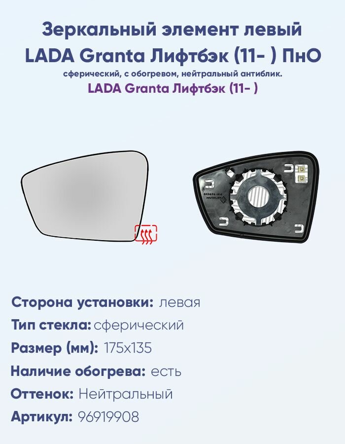 Зеркальный элемент левый Лада Гранта Лифтбэк с 2011 года выпуска по н. в. с Обогревом и сферическим противоослепляющим зеркальным отражателем нейтрального тона.