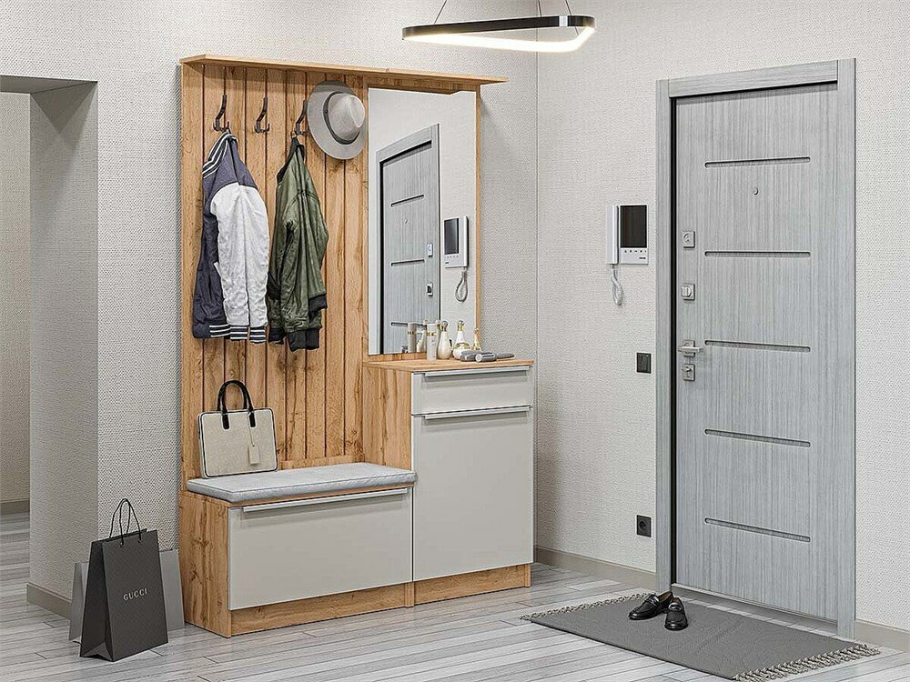 VVT Прихожая Стиль-02, каркас ЛДСП Дуб Вотан, фасад МДФ Silky Light Grey, 2090*1400*380 Silky Light Grey