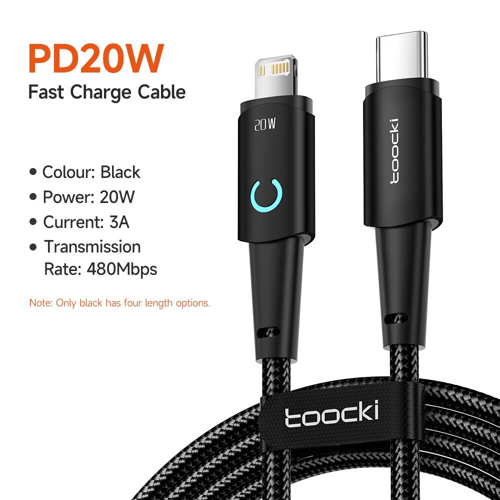 Toocki PD 20W кабель USB-C - Lightning, черный, 3m