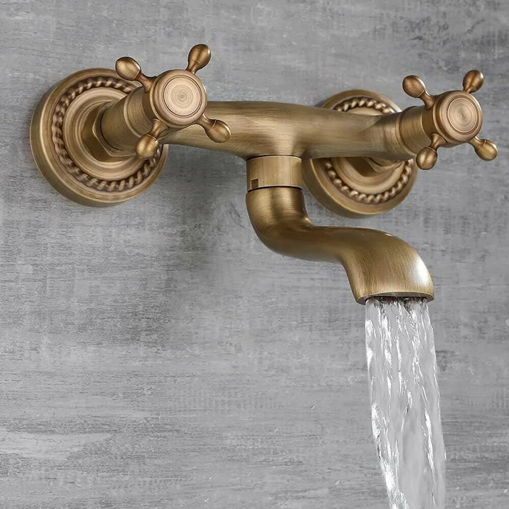 Ретро медный смеситель для ванны, настенный смеситель для ванной комнаты, смеситель для ванны с горячей и холодной водой с двойной ручкой TJ