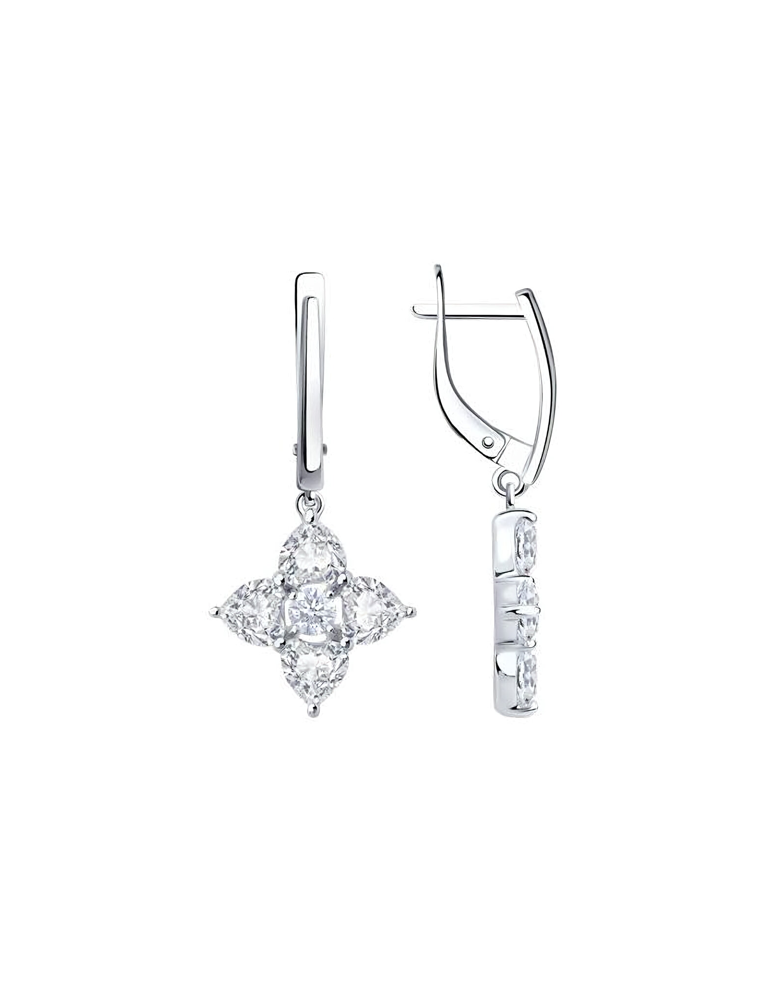 Серьги с подвесками, серебро, 925 проба, родирование, фианит