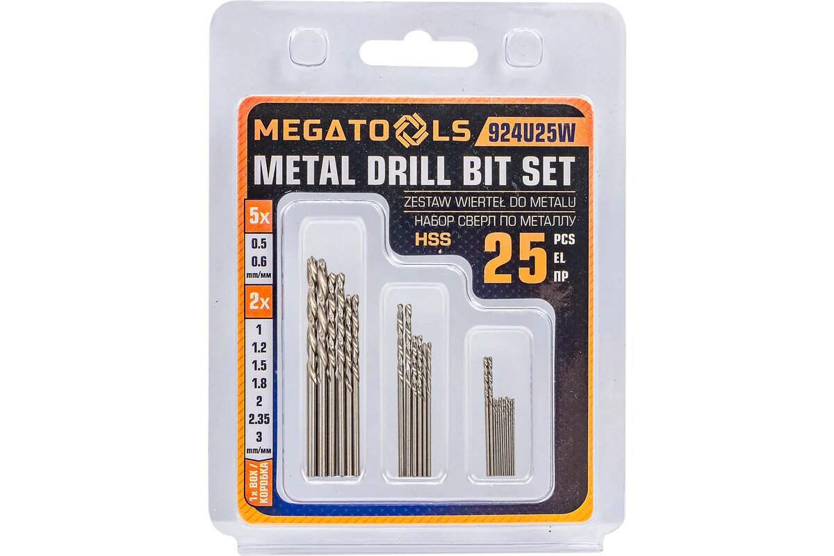 MEGATOOLS Сверла по металлу, набор 25 предметов (1-3мм) MT-924U25W(60710)