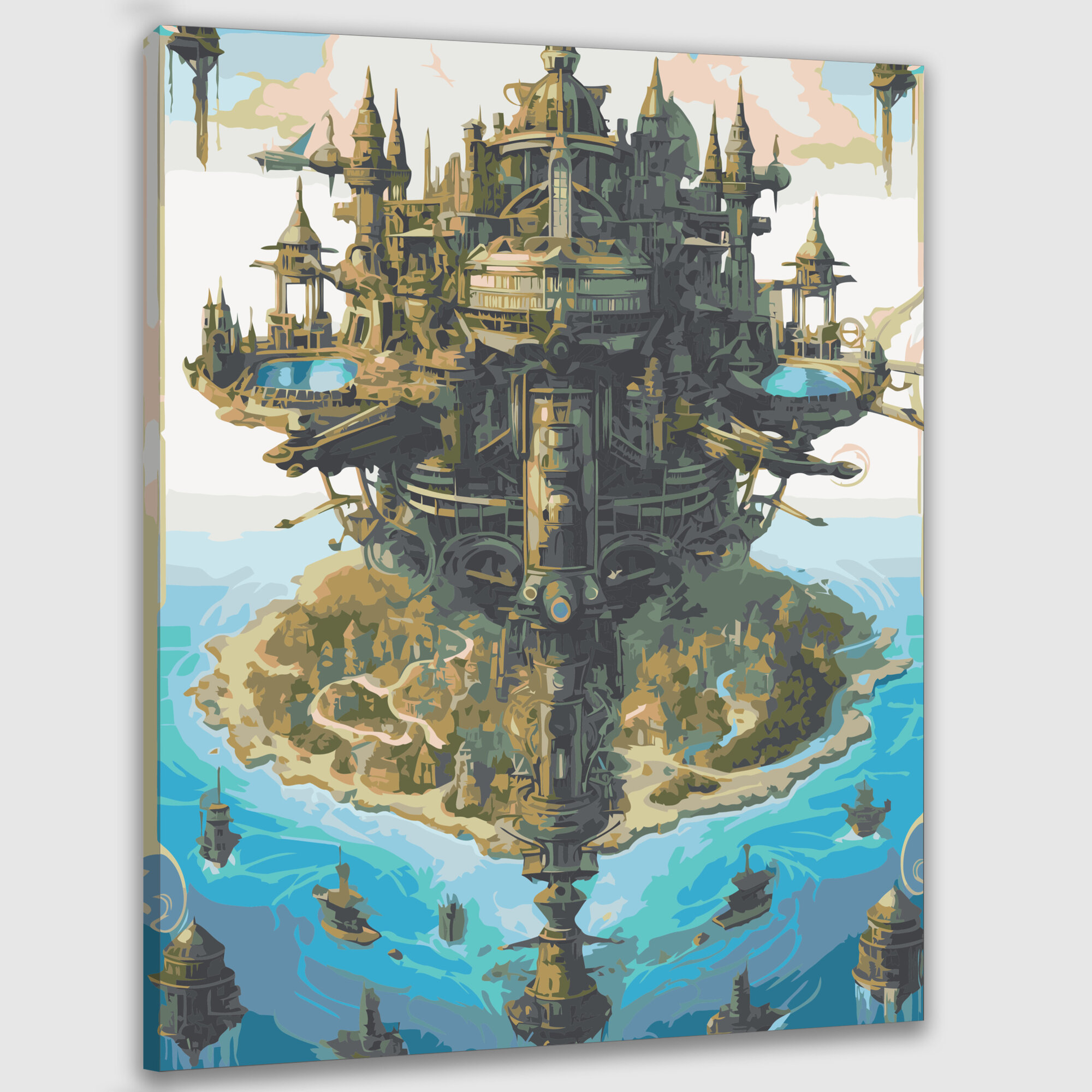 Картина по номерам 40x50 см, цифровая иллюстрация, стимпанк, точные линии, металлические оттенки, дирижабли, острова