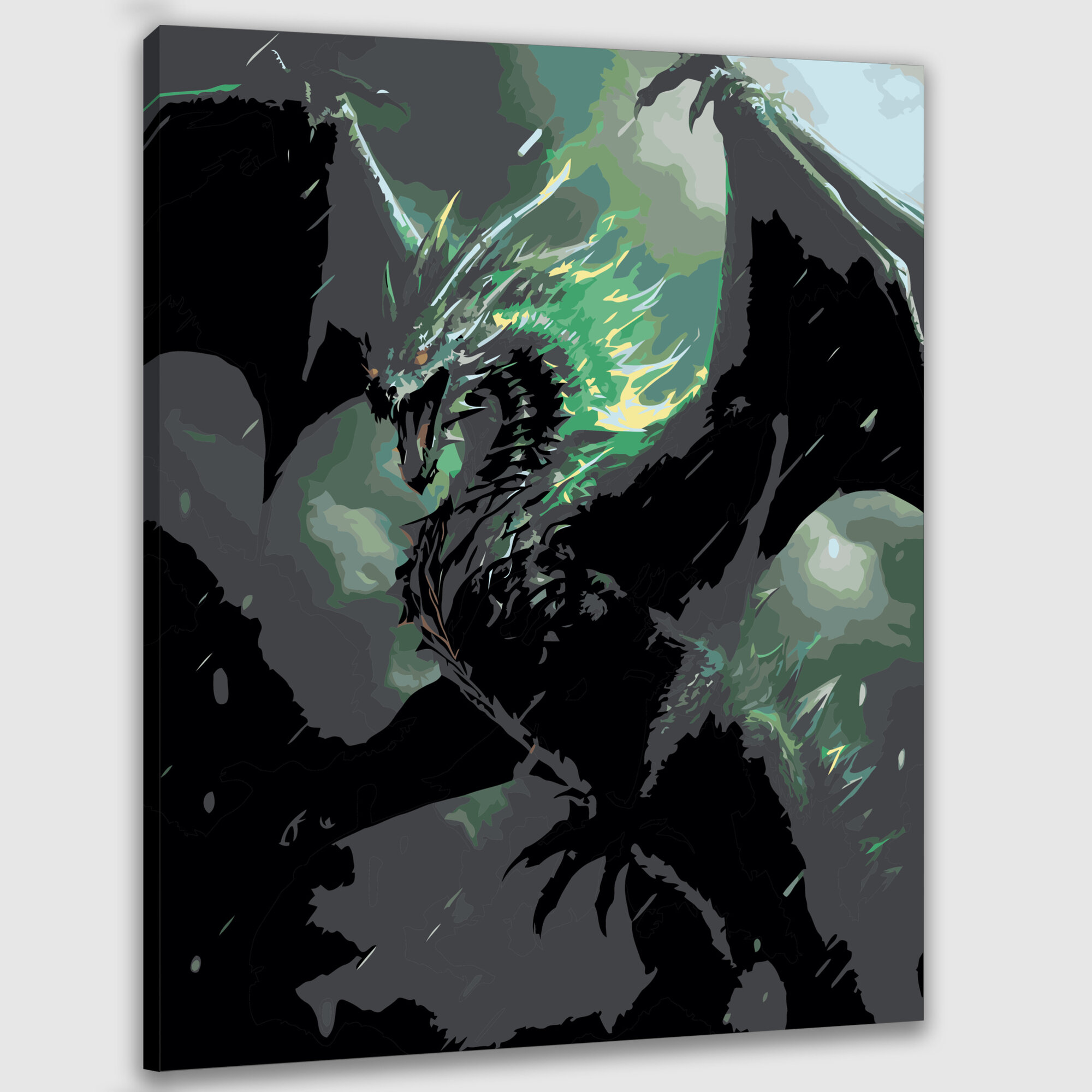 Картина по номерам 40x50 см, цифровая картина, дракон, изумрудно-зеленый, грозовое небо, распростертые крылья