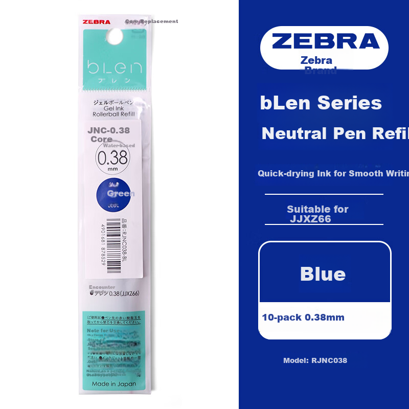 ZEBRA JNC-0.38 Refill for Gel Ink Pen (Compatible with JJXZ66) 0.38mm Bullet Tip Refill RJNC38 Blue 10-Pack