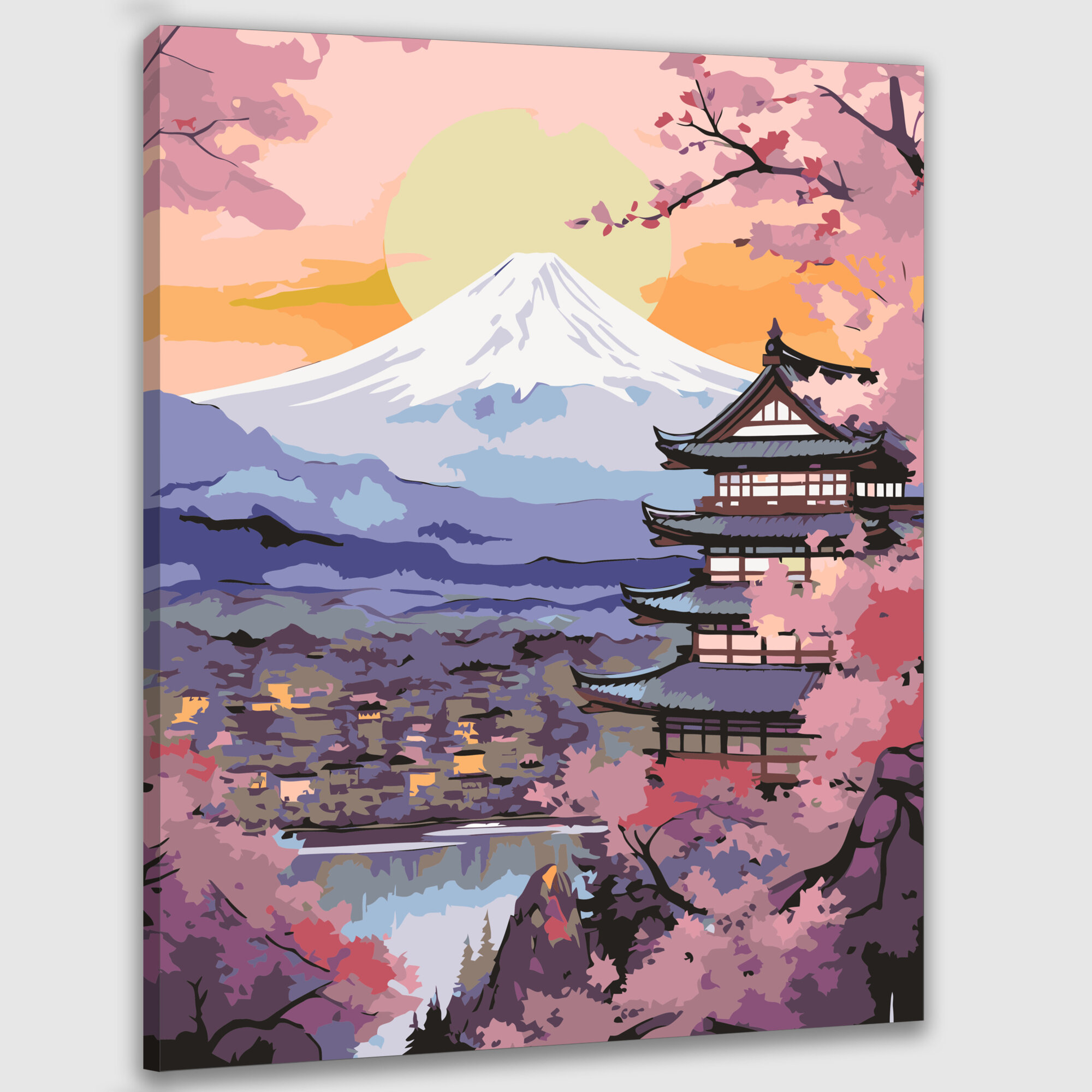 Картина по номерам 40x50 см, акварельная иллюстрация, закат, Япония, гора Фудзи, небо, розовый, фиолетовый, оранжевый