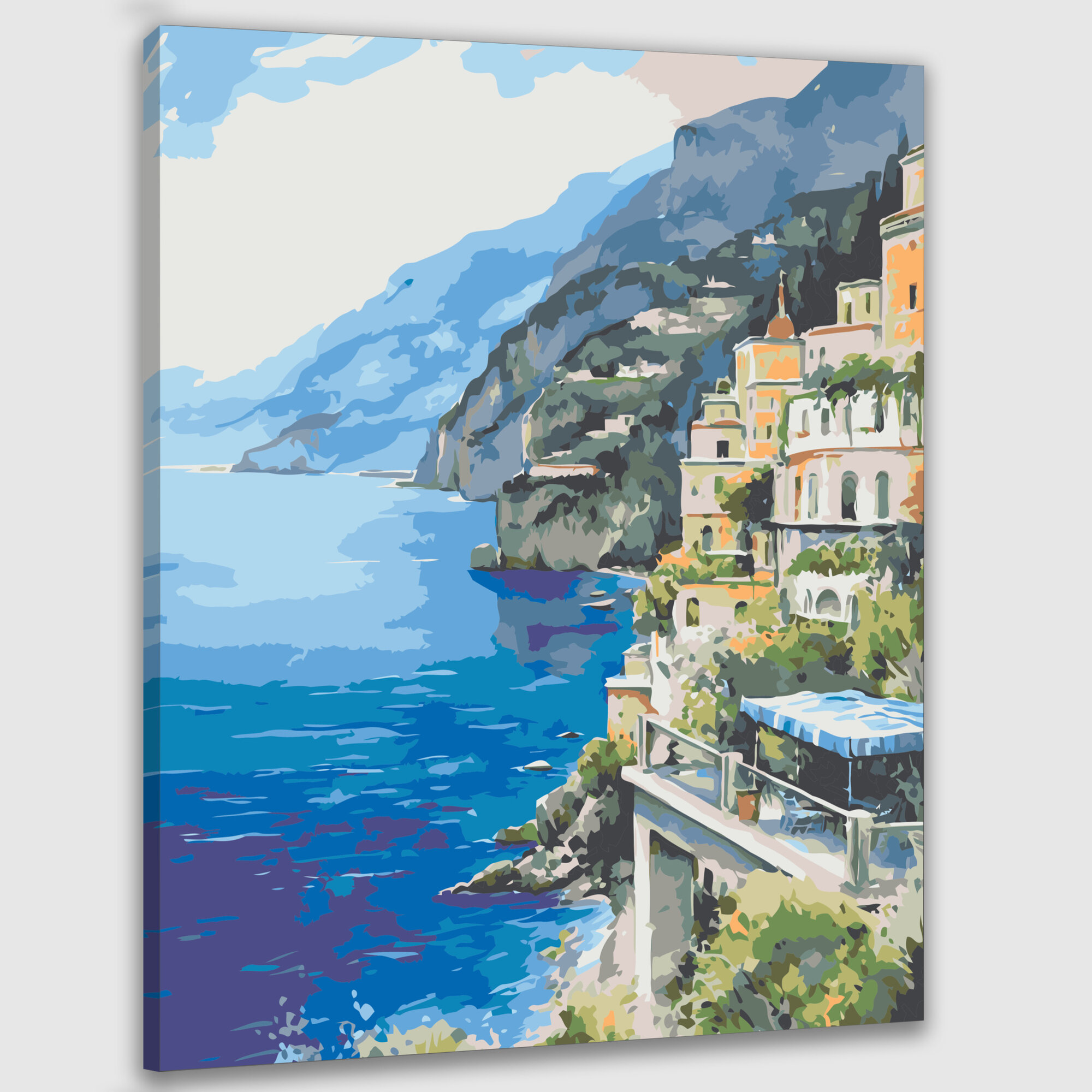 Картина по номерам 40x50 см, акварель, побережье, Амальфи, утесы, дома, море, синий, зеленый, атмосфера, детали, города