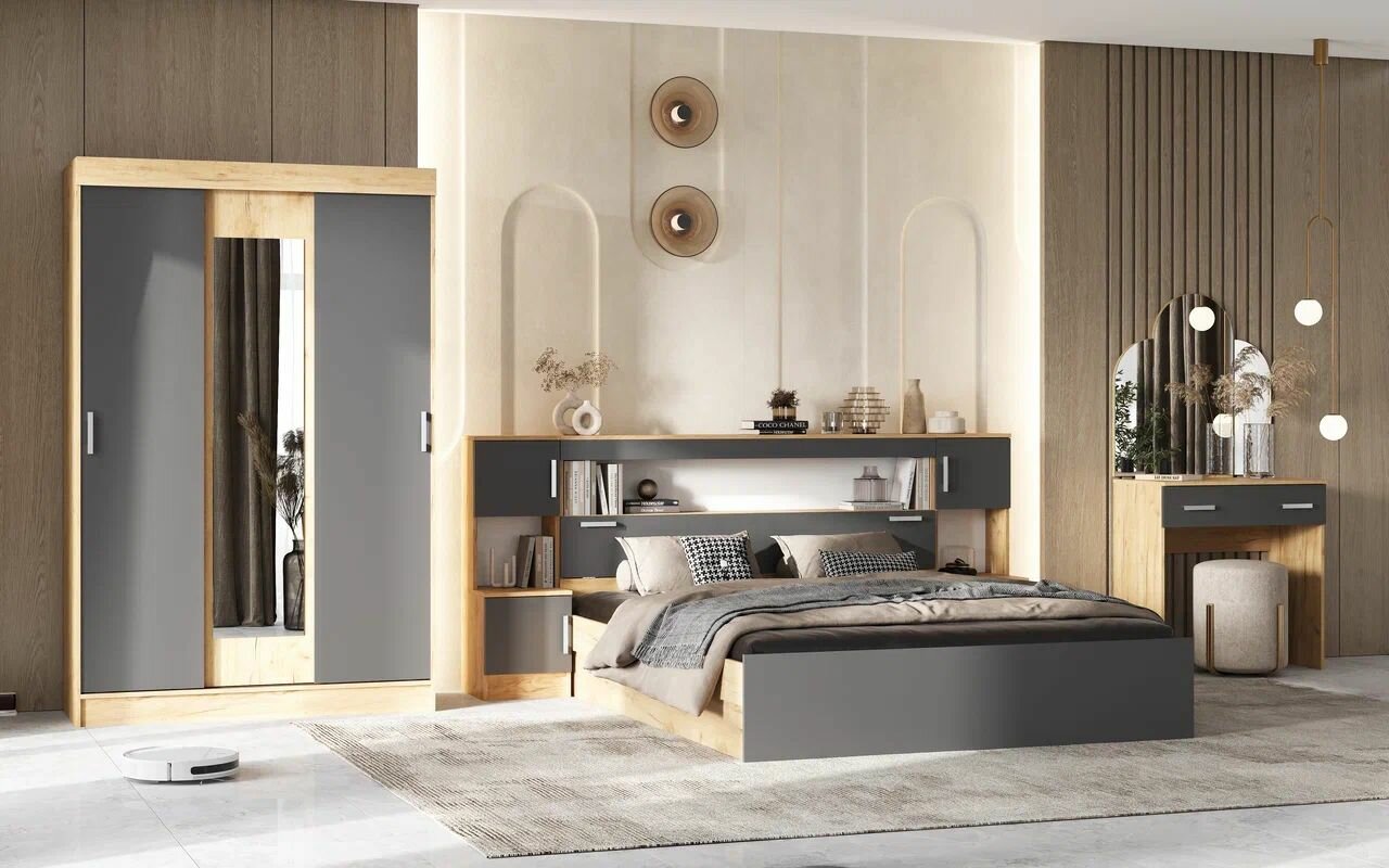 Спальный гарнитур Бася. Графит, Дуб Крафт.