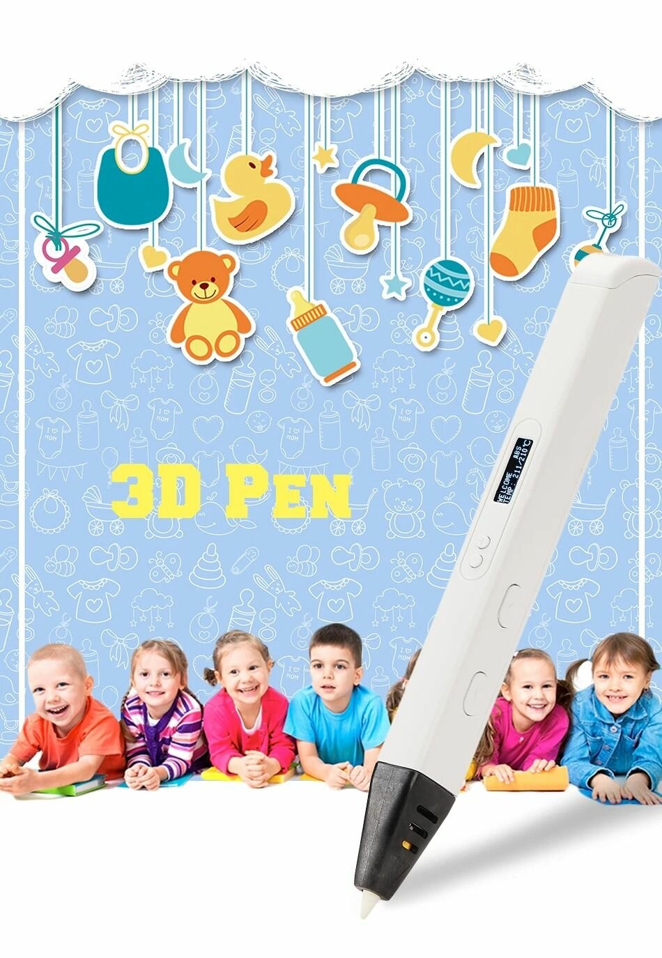 3D ручка 3D BABY PEN-3 мир фантазий в твоих руках с трафаретами + коврик + стержни + шомпол, фиолетовая. 3Д Ручка для детей, школы, дома, творчества.