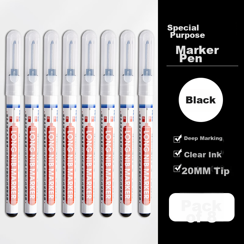Licao Long-Tip Marker Pen, Oil-Based, for Construction Sites, Fine Tip, Quick-Drying, Waterproof, Oil-Resistant, Black, Specially for Tiles, Deep Hole Marker Pen, 8-Pack