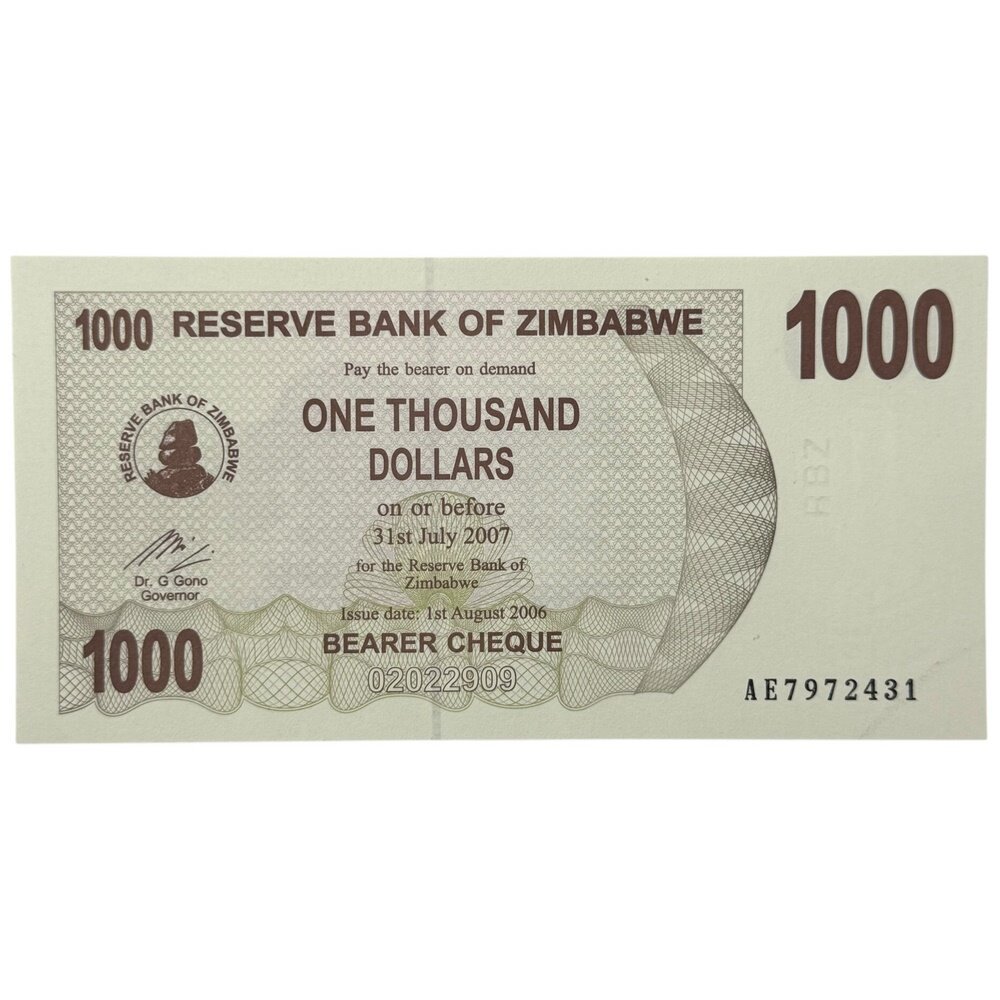 Зимбабве, чек на 1000 долларов 2006 г. (Серия AE)