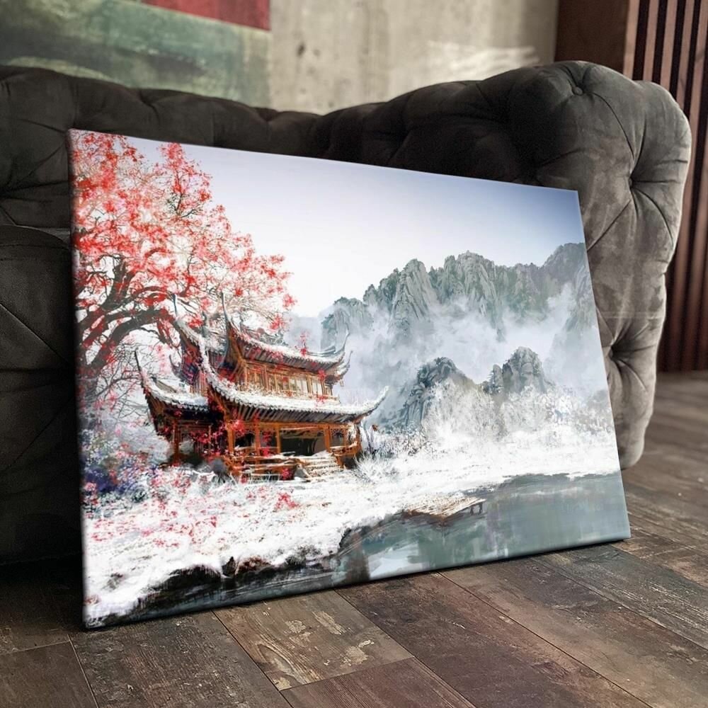 Картина на холсте (Горы, снег, зима, озеро, архитектура, япония, сакура) 40x60 см. Интерьерная на стену в спальню/гостинную/кухню. В подарок на праздник.