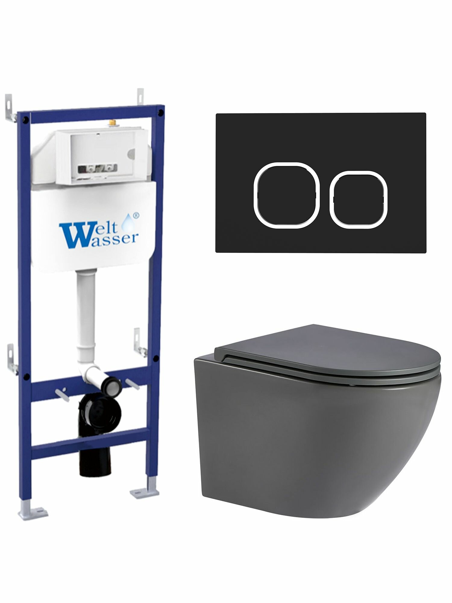 Комплект 6 в 1 WeltWasser: подвесной унитаз MERZBACH 043 MT-GR серый+кнопка смыва BAMBERG BL черный+инсталляция BAMBERG 460