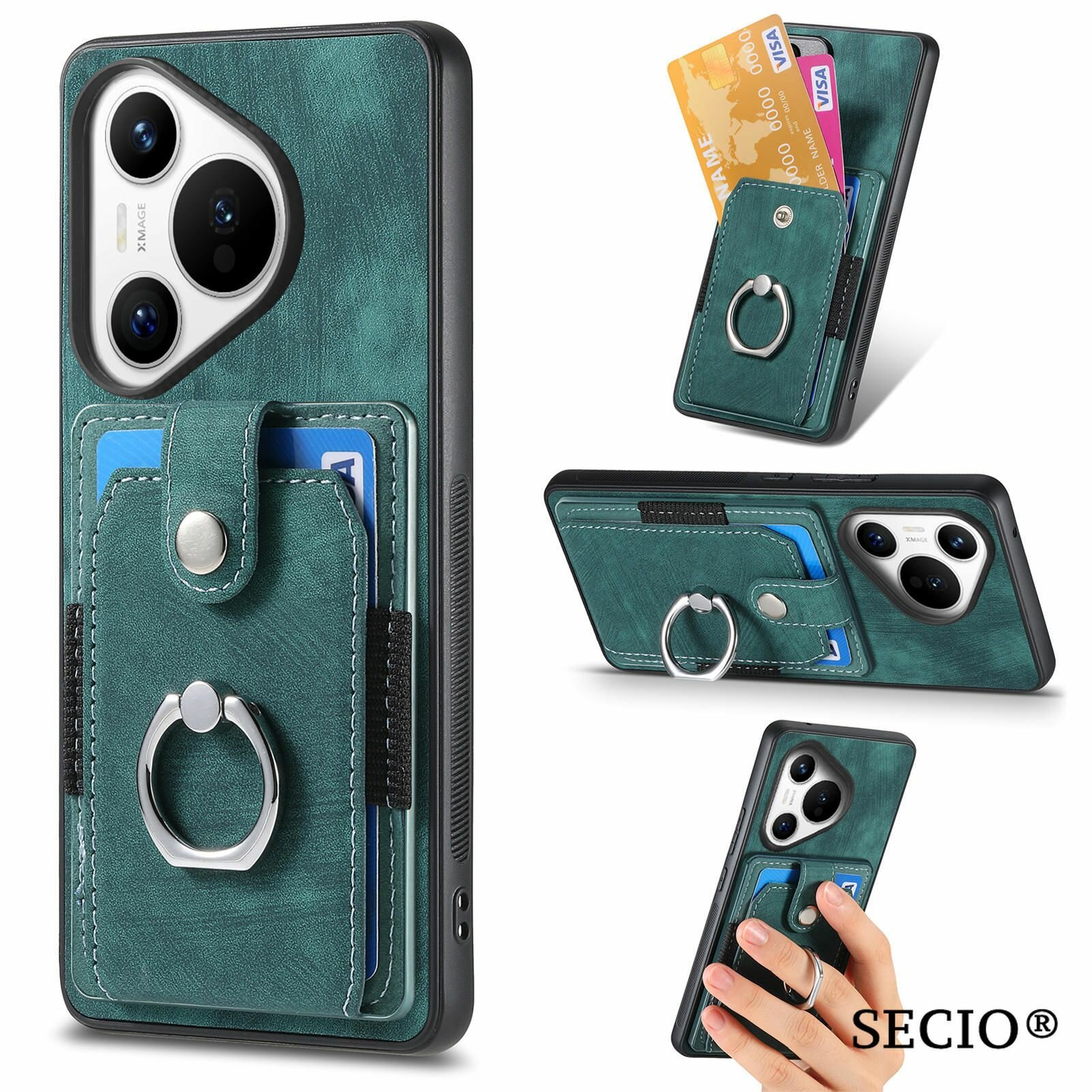 Чехол для Huawei Pura 70 Pro/70 Pro Plus (Хуавей Пура 70 Про/70 Про Плюс), кожаный, кошелек картхолдер, кольцом и креплением, SECIO держатель для телефона автомобильный