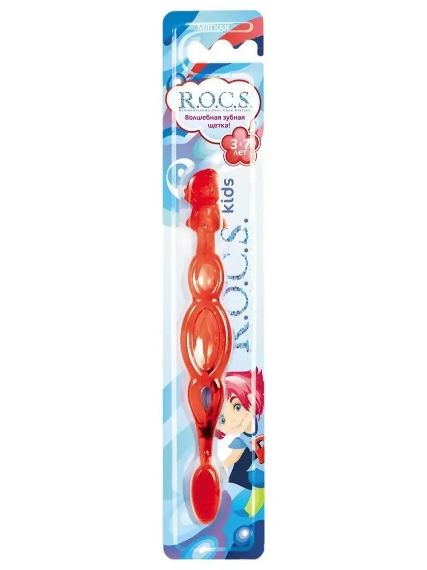 Зубная щетка R.O.C.S. Kids, от 3 до 7 лет, форма ручки в виде героя, красный