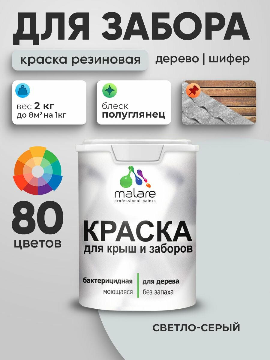 Резиновая краска Malare для деревянного забора/ по дереву для наружных и внутренних работ/ быстросохнущая моющаяся без запаха полуглянцевая, светло-серый, 2 кг.