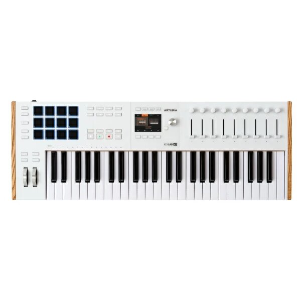 MIDI клавиатура [231621] Arturia [KeyLAB 49 MK3 White] 49 клавиш, полувзвешенная механика, дисплей, 12 пэдов , 9 фейдеров, 9 поворотных регуляторов, 3 входа для подключения педалей, MIDI in/out, USB-C