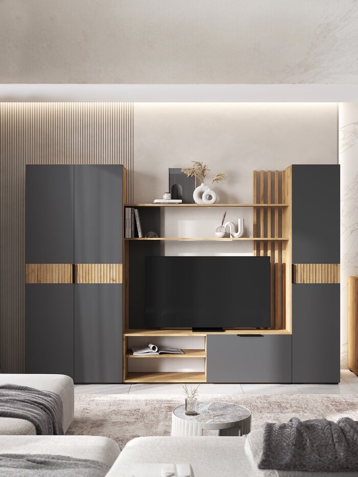 Гостиная «Роджина», 2600×350×1826 мм, цвет графит/дуб крафт