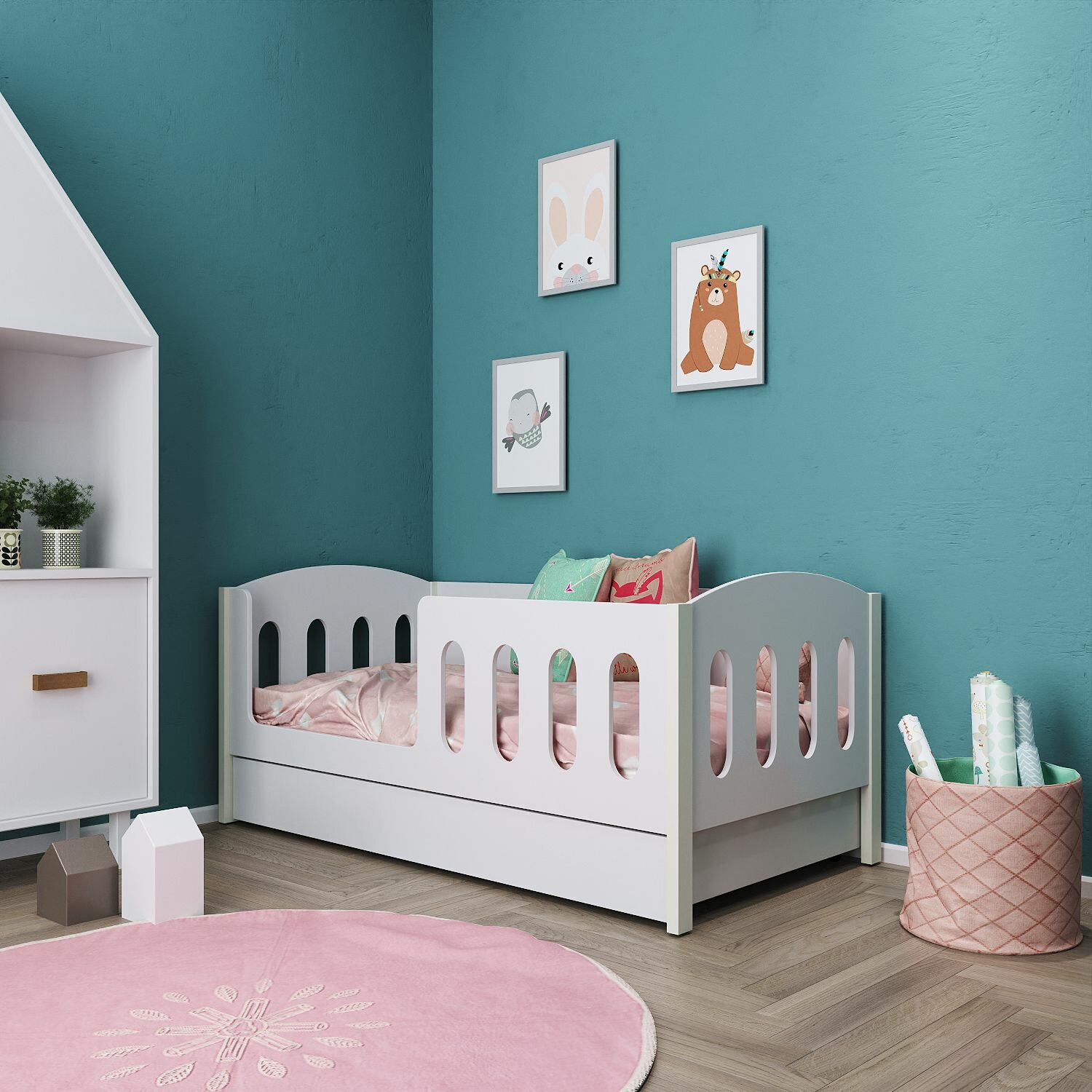 Кровать детская с бортиком 140х70,"Малышка Классик" БазисВуд, с ящиком, ножки белые