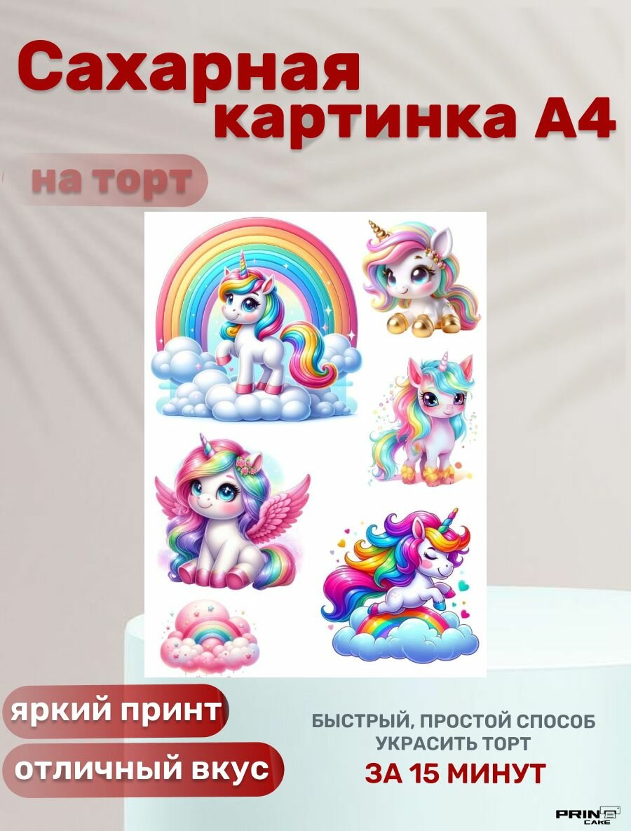 Сахарная картинка для торта Единороги/Пони на день рождения. Декор для выпечки, украшения для торта девочке.