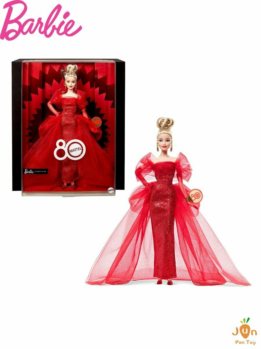 Barbie Mattel 80th Anniversary Doll Blonde / кукла барби, посвященная 80-летию компании Mattel, в красном платье и с серьгами в форме буквы м, представляет коллекционную ценность