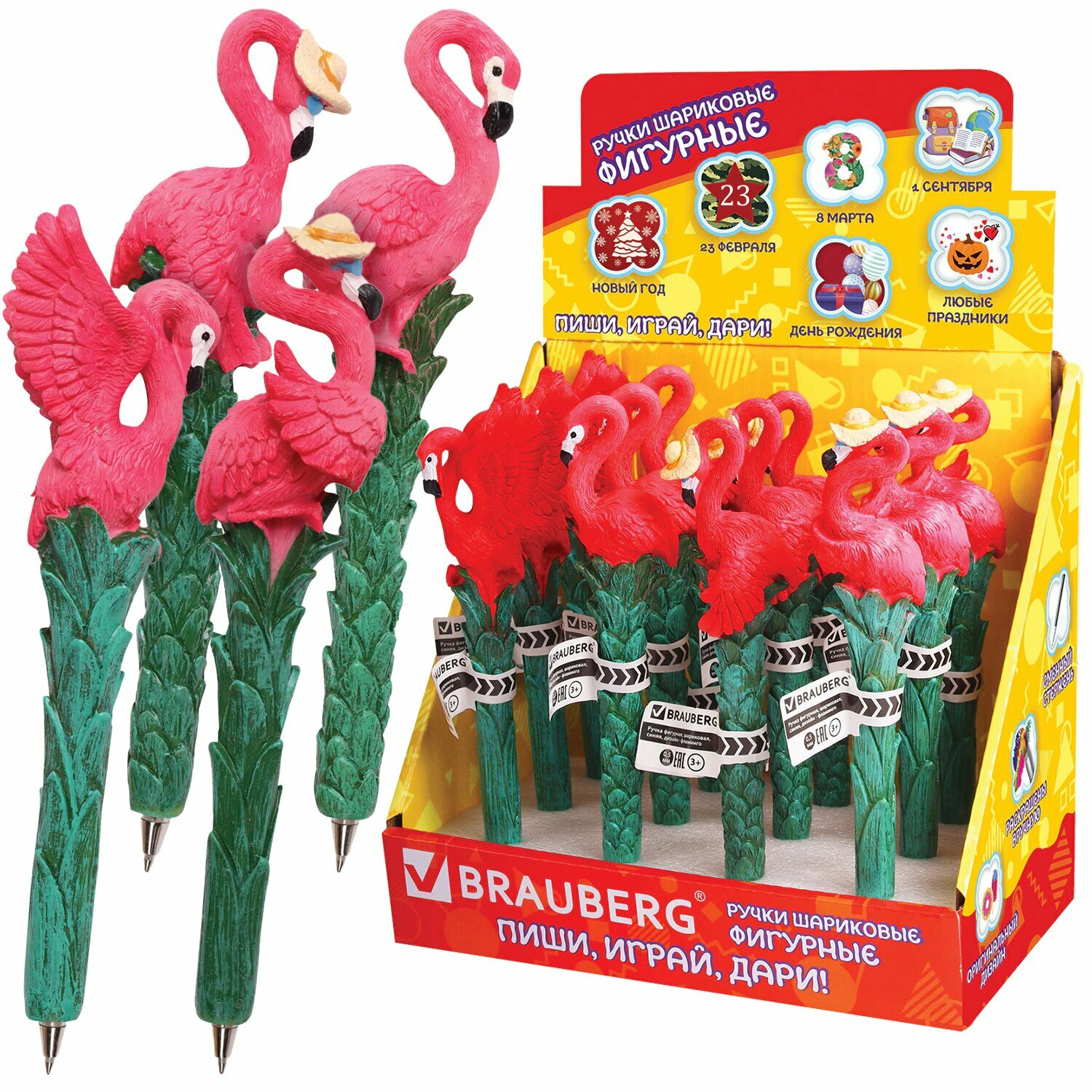 Ручка фигурная "фламинго", синяя, 4 дизайна ассорти, линия письма 0,5 мм, дисплей, BRAUBERG, 142760 (упаковка 12 шт.)